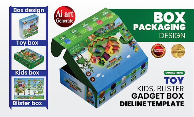 Design toy, kids, gadget, blister box, dieline template with cgi ai ads ...