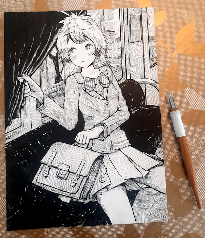 Draw a traditional ink anime illustration by Radovidart | Fiverr
