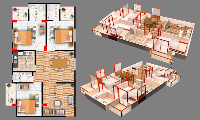 Make 3d floor plan and design from 2d drawing or hand sketch plan by ...