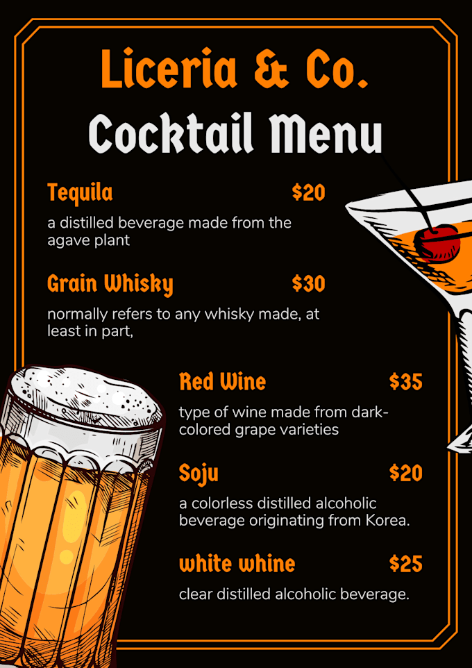 Design an elegant bar drinks,cafe,cocktail bar, food menu by Calvinweb ...