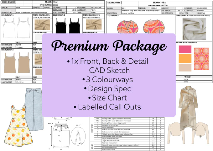 Create a cad sketch, technical drawing and garment tech pack by ...