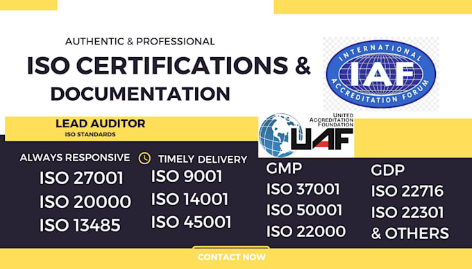 Provide iso 27001, 20 000, 9001, gmp certifications by Isocert100 | Fiverr