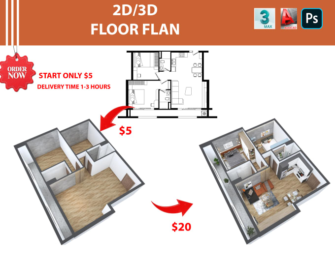 Convert 2d to 3d floor plan in 12 hrs by Render_3dsmax | Fiverr