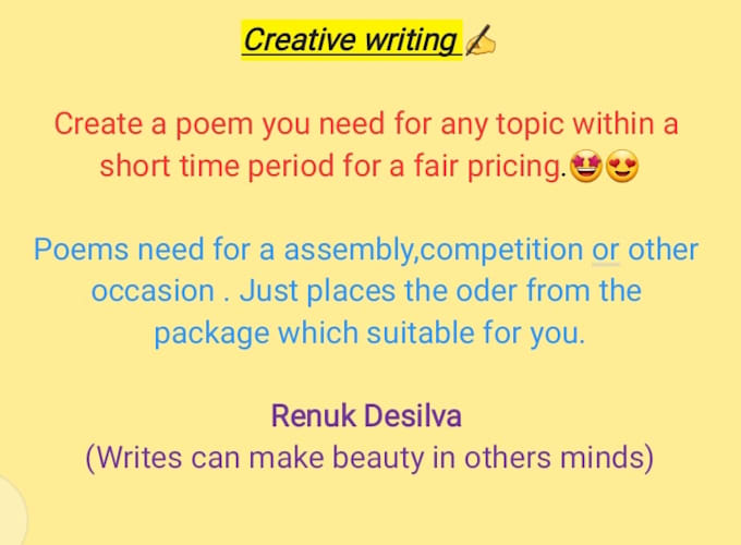 Creative a beautiful poem to your topic by Renukdesilva168 | Fiverr
