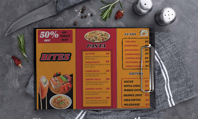 Design creative and modern restaurant menu designs by Nabilameera | Fiverr