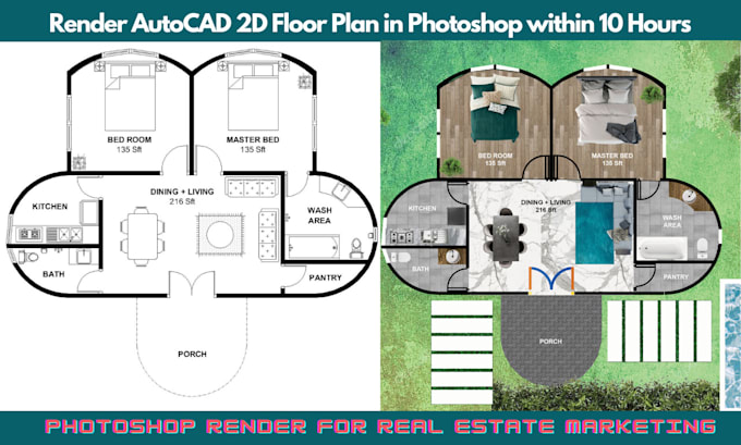 Render autocad 2d floor plan in photoshop within 10 hours by ...