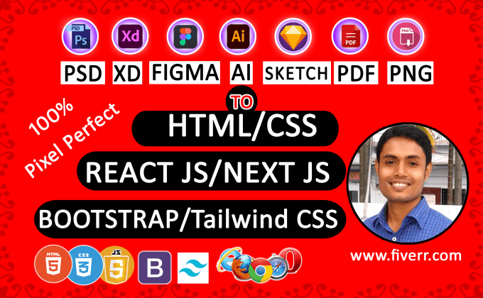 Convert Figma To Html Css Using Tailwind Css Bootstrap React Js Next Js By Codersabbir Fiverr