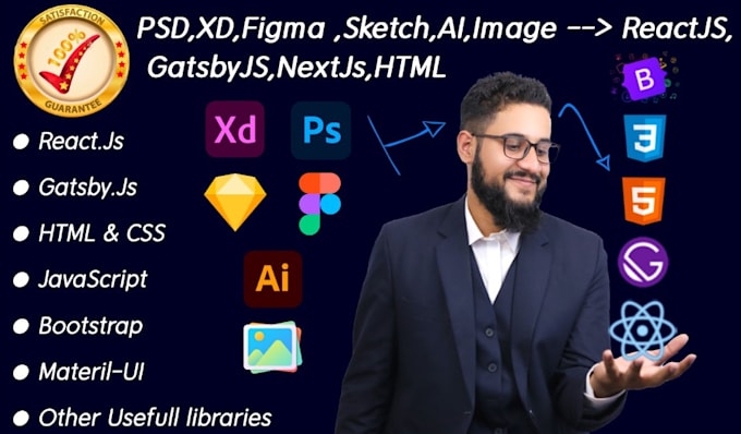 Develop perfect xd figma psd to reactjs gatsbyjs nextjs html website or ...