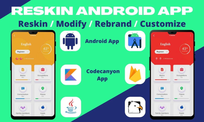 Reskin, redesign, modify codecanyon source code and rebrand android app Reskin, redesign, modify codecanyon source code and rebrand android app