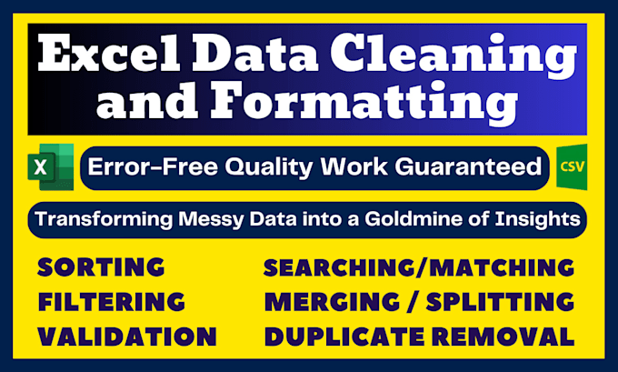 Do ms excel data cleaning and formatting, merging, splitting, sorting, deduping by Waheed_1072 ...