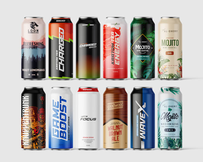 Design beverages, juice, soda, energy drink and beer can label by ...