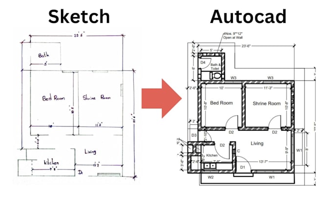 Draw or redraw sketch to 2d architectural floor plan print by Jsandakelum | Fiverr