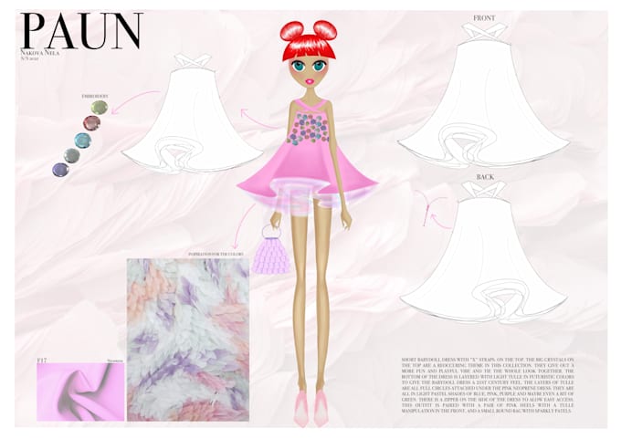 Do a technical drawing with hardware, fabric samples and description by ...