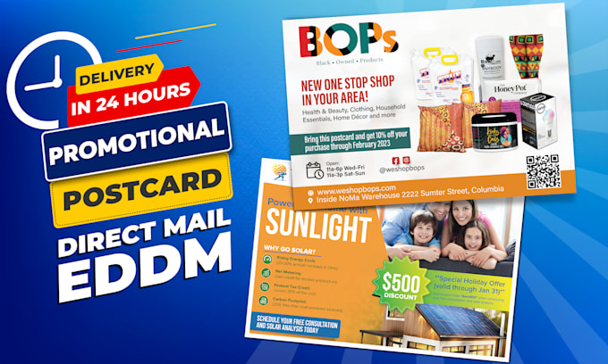 Design irresistible promotional postcard, direct mail, eddm, door ...