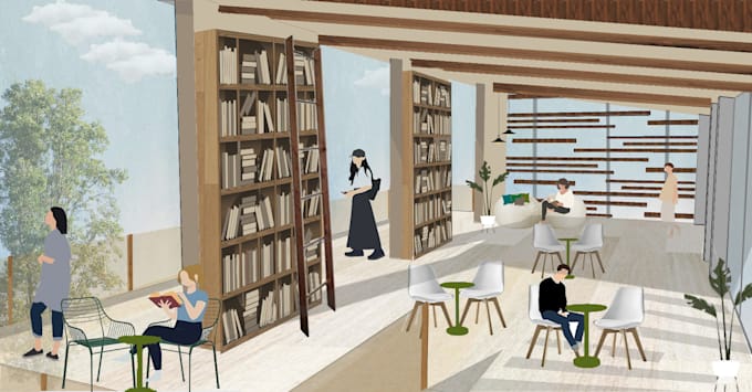 Create an interior render with a photoshop collage style by ...