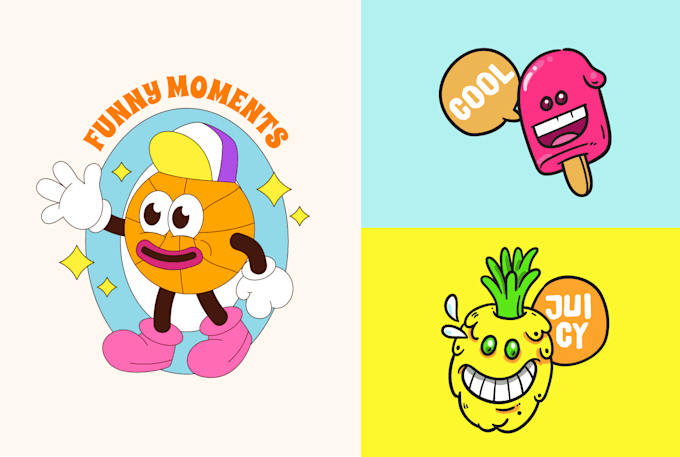 Draw vintage retro cartoon logo, mascot character illustration for t ...