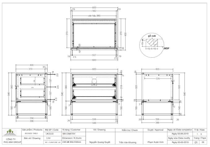 Draw the technical drawing of the furniture from the overall dimensions ...