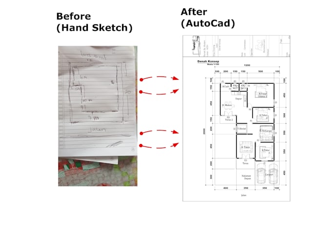Draw a 2d floor plan in autocad from hand sketch by Bungbent | Fiverr