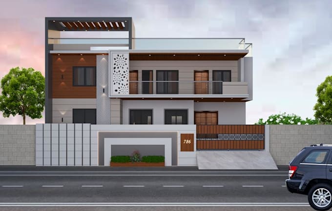 Design house front elevation 3d rendering by Blisfulinterior | Fiverr