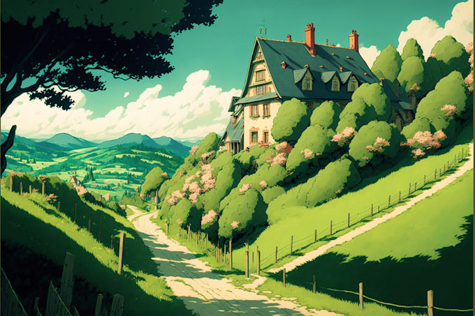 Make cartoon ghibli studio vibe landscape background by Grieselda99 ...