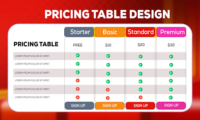 Attractive price table comparison chart price list menu list in 4hours ...