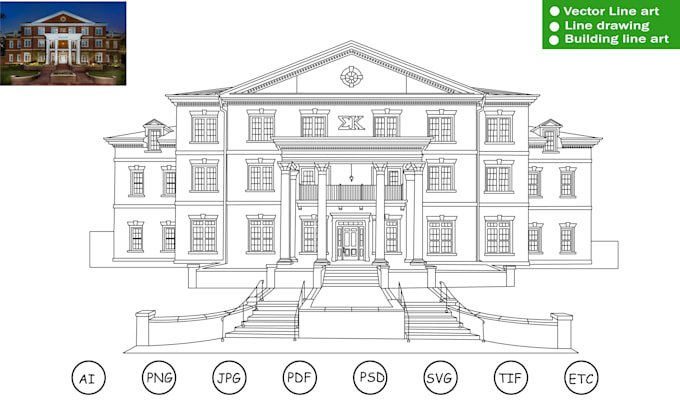 Draw custom line art scene illustration and sketch of house and ...
