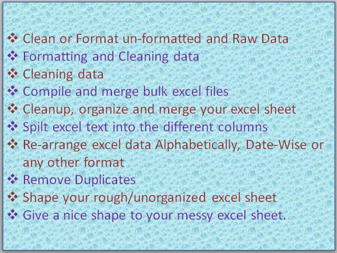 Do data formatting, sorting and cleaning in ms excel by Yzlettering | Fiverr