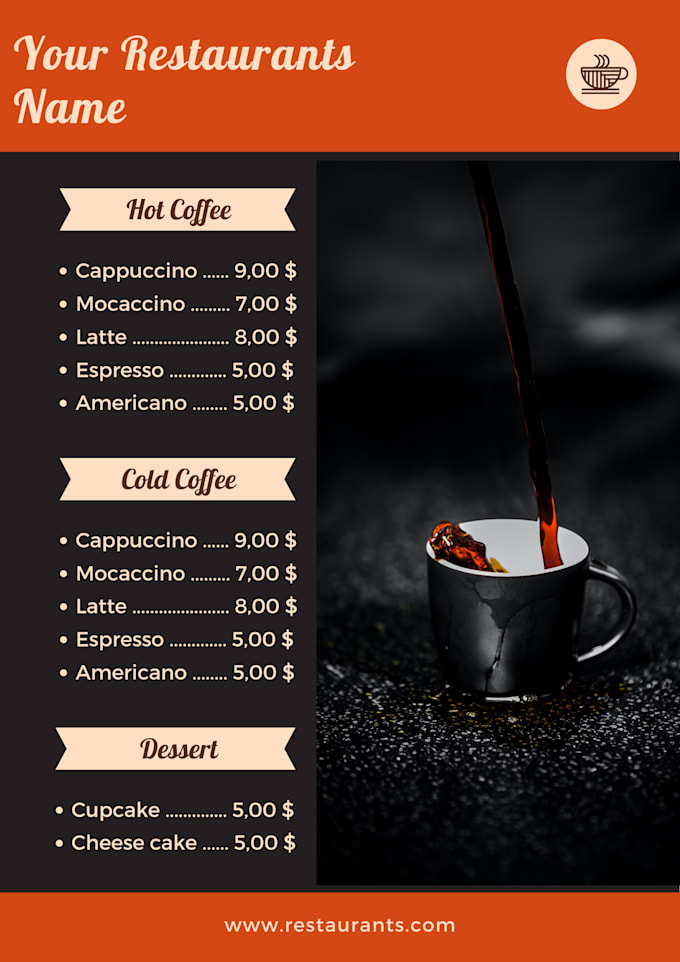 Create a contemporary print menu with a price list for food by ...
