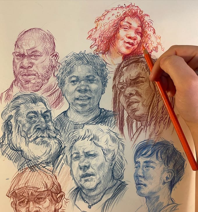 Draw a line art style portrait using colored pencils by Inkstickart ...