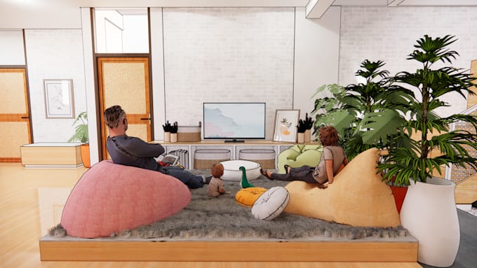 Render your 3d interior model with warm semi cartoon style by ...