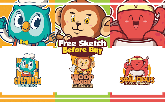 Design cartoon logo, trendy mascot, animal and food character for your ...