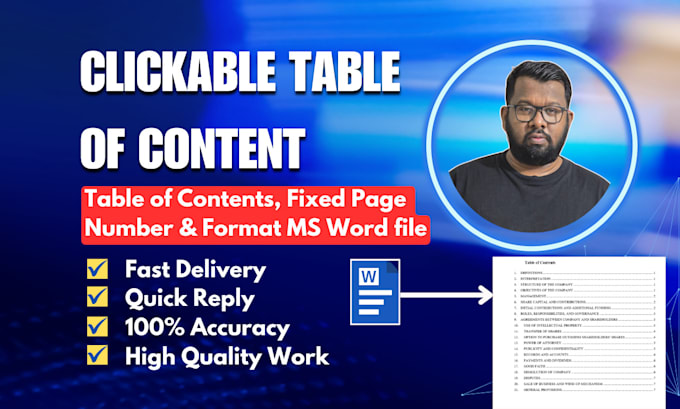 Do clickable table of contents, fix page numbering, format ms word file, typing by Ohed987 | Fiverr