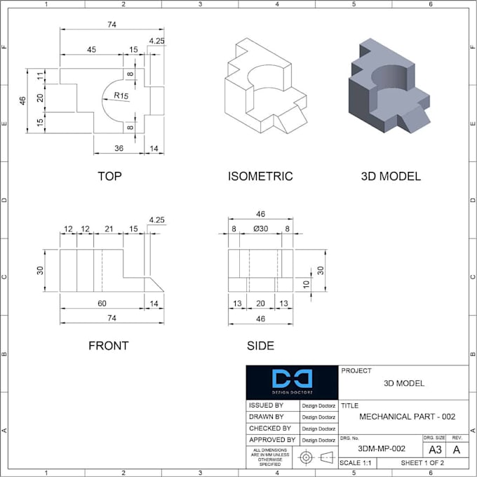 Do autocad 2d drawing of your 3d model for production by Cadagain | Fiverr