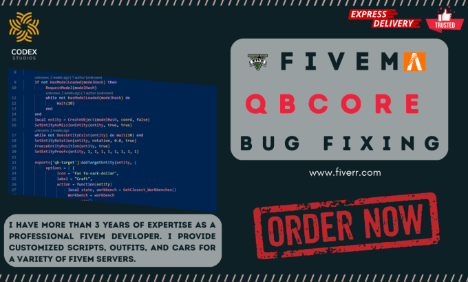 Fix and optimize qbcore based fivem scripts by Codex_studios | Fiverr Fix and optimize qbcore based fivem scripts by Codex_studios | Fiverr