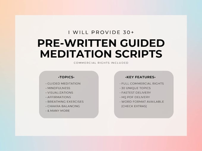 Provide 30 guided meditation scripts with commercial use by ...