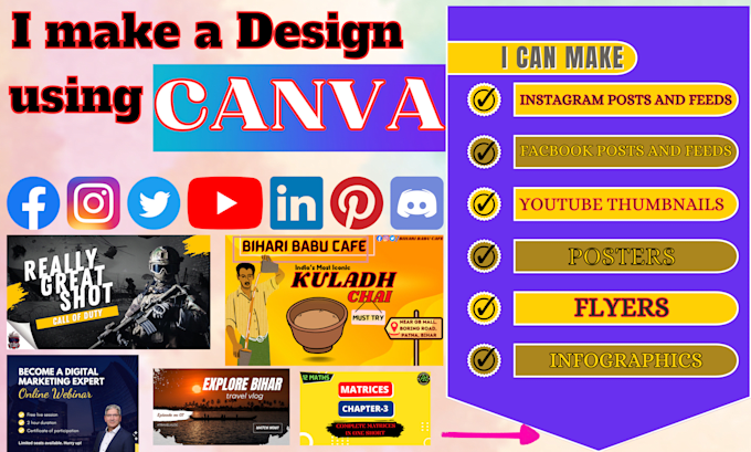 Design social media posts, posters, thumbnails, infographics, by using ...