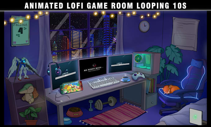 Animated lofi gaming room looping ten second for streamer by Minmaxpro ...