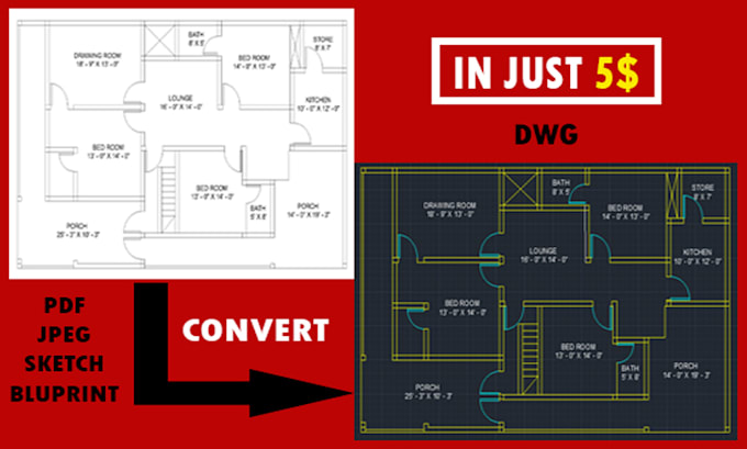 Convert blueprint sketch, pdf, jpg to cad,dwg and revit,rvt by Aimal_khan_2002 | Fiverr