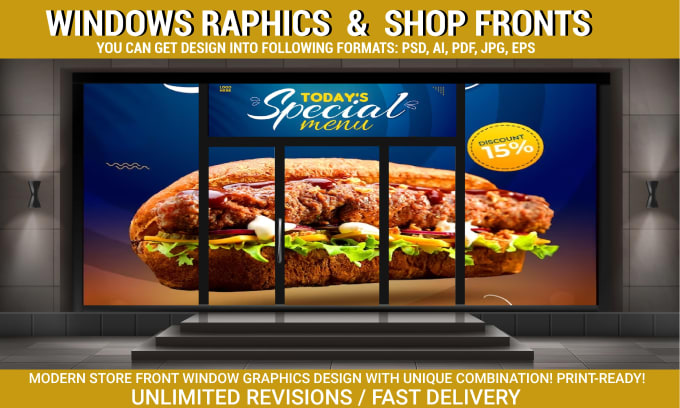 Design creative shopfront or storefront window graphics, billboard ...