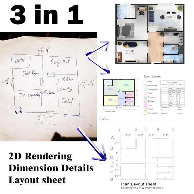 Render 2d floor plan in photoshop, plus simple dimension file, autoca to potosho by Engrwaqas0 ...