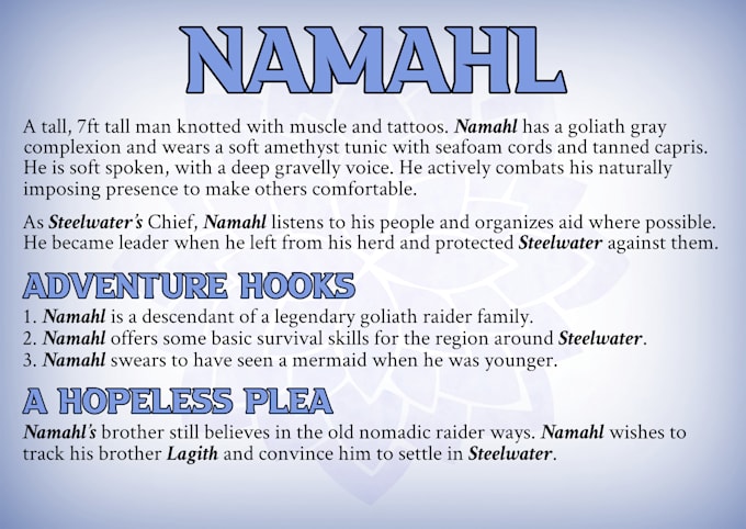 Create a 200 word npc description for your ttrpg game by Jerrodbacon ...