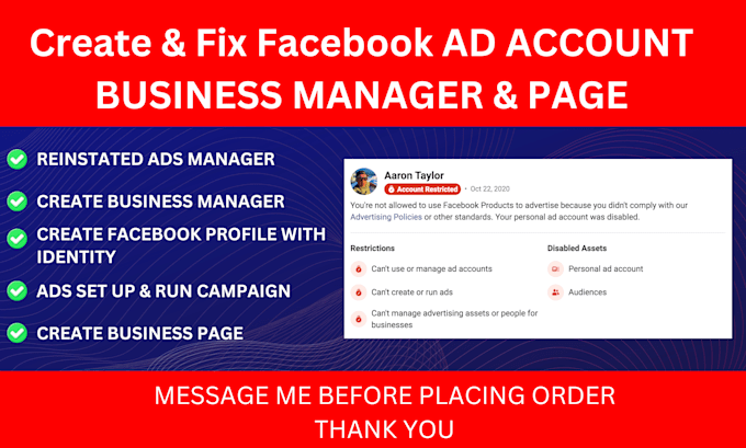 Create and fix facebook ad account, business manager, page by Farhanamou828 | Fiverr