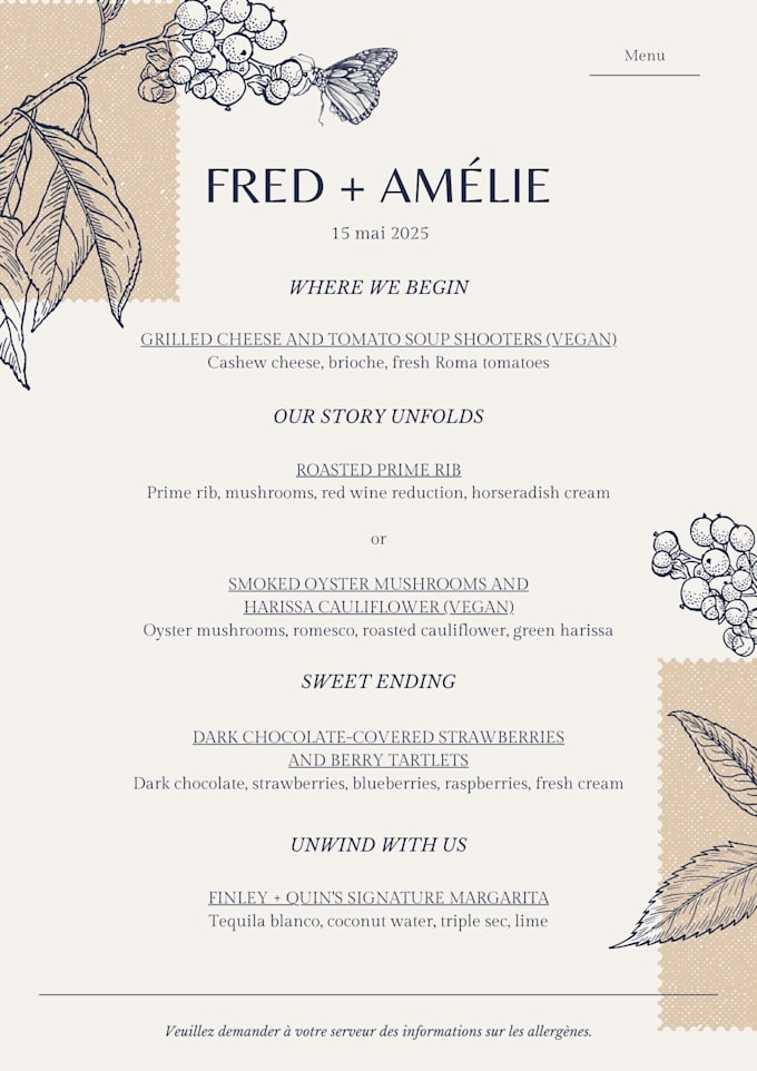 Design wedding menus,bar menus,drinks signs for both bride and groom by ...