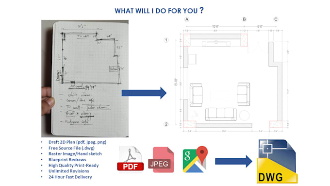 Draft floor plan, raster and redraw blueprints in autocad by ...
