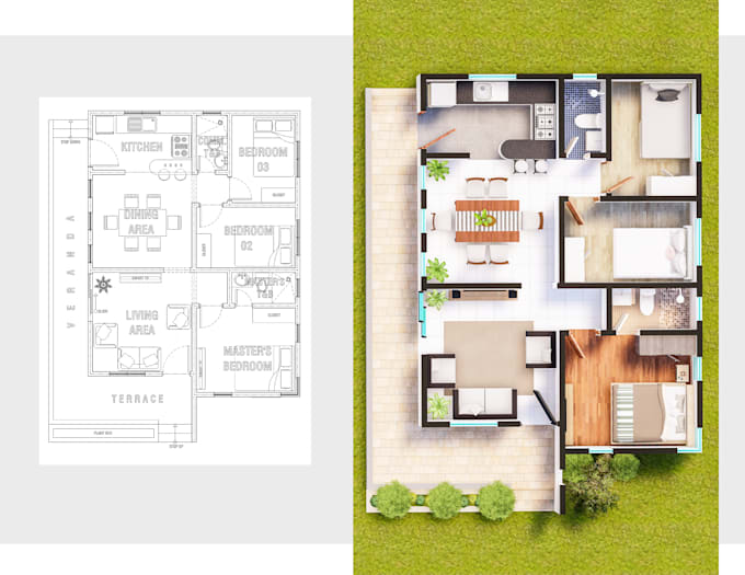 Convert basic floor plan to 2d and 3d render by Arkinha | Fiverr