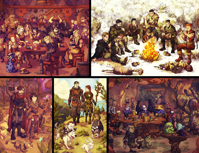 Do fantasy themed group party family portrait illustrations by ...