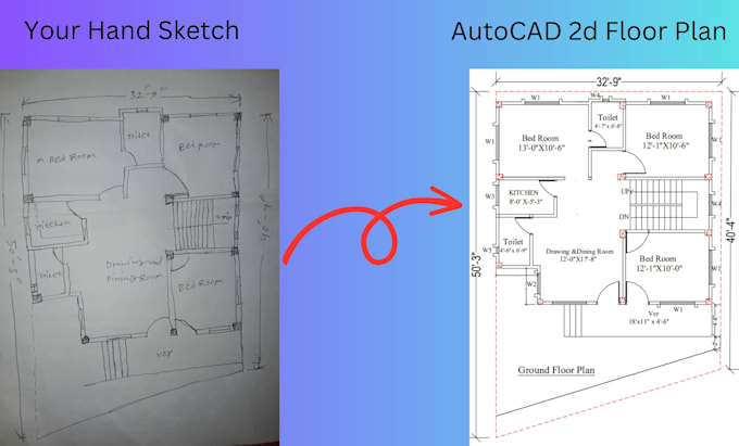 Do your sketch into a autocad 2d floor plan by Zabadhossain | Fiverr