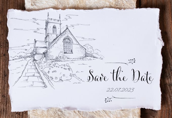 Paint a custom pen and ink line drawing illustration of a wedding venue ...