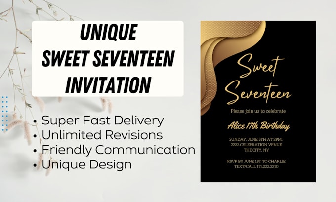 Design unique sweet seventeen invitation by Betty223 | Fiverr