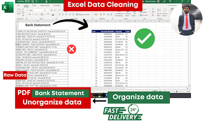 Clean, organize bank statement excel data by Bharathkumar864 | Fiverr